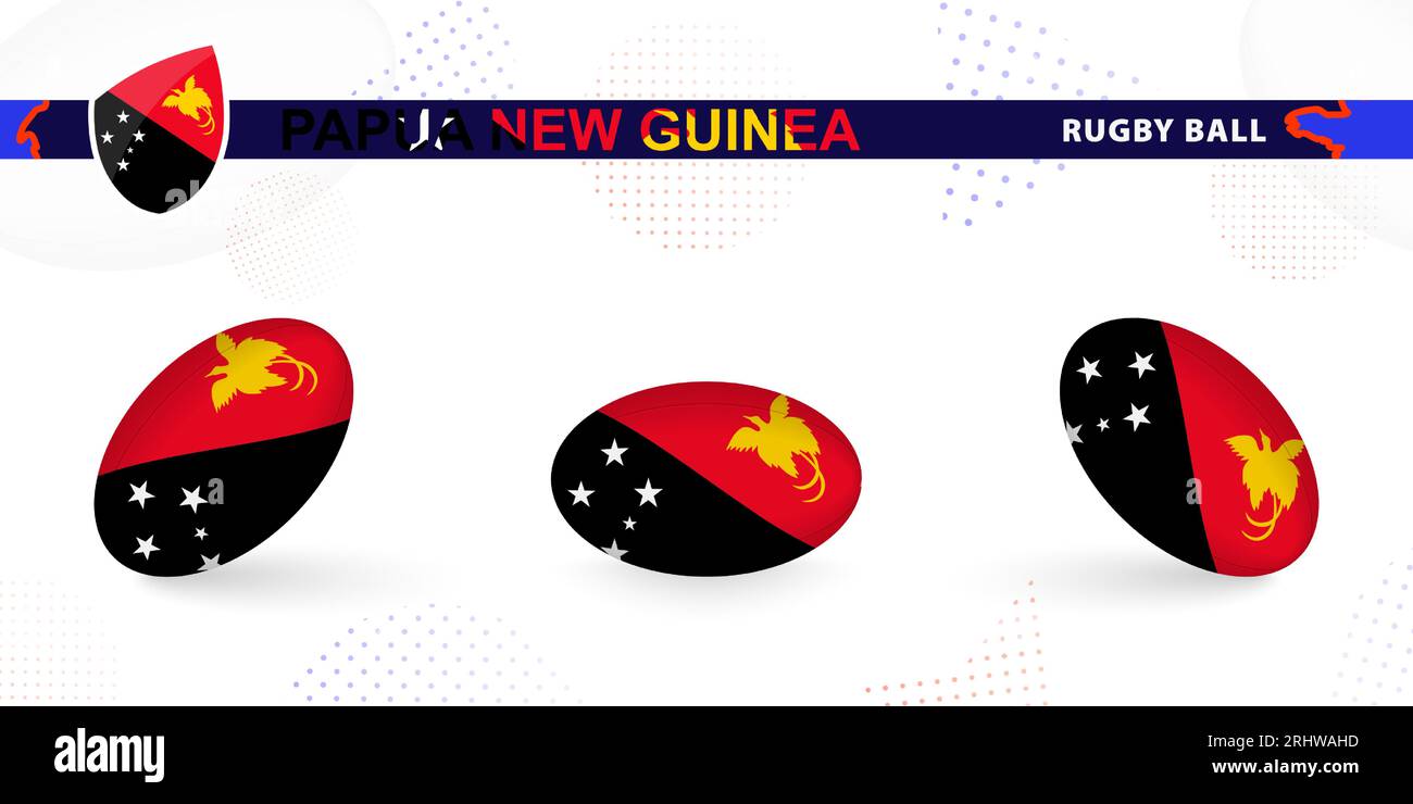 Rugby ball set with the flag of Papua New Guinea in various angles on ...