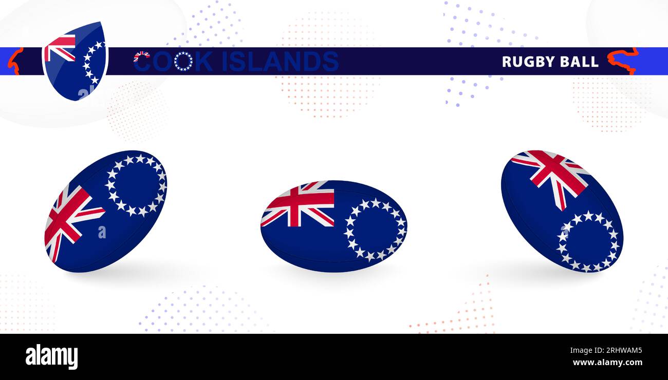 Rugby ball set with the flag of Cook Islands in various angles on ...