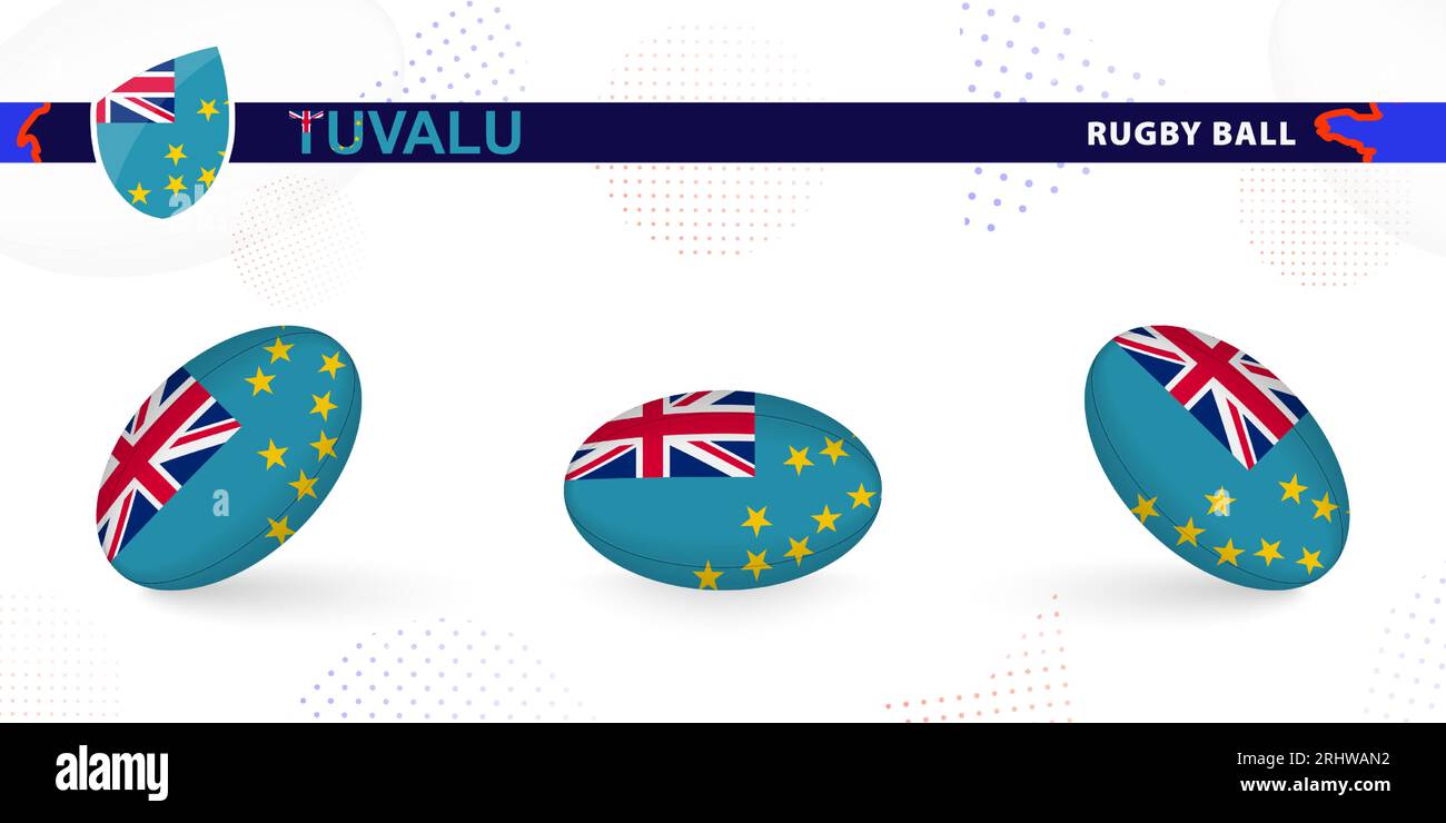 Rugby ball set with the flag of Tuvalu in various angles on abstract ...