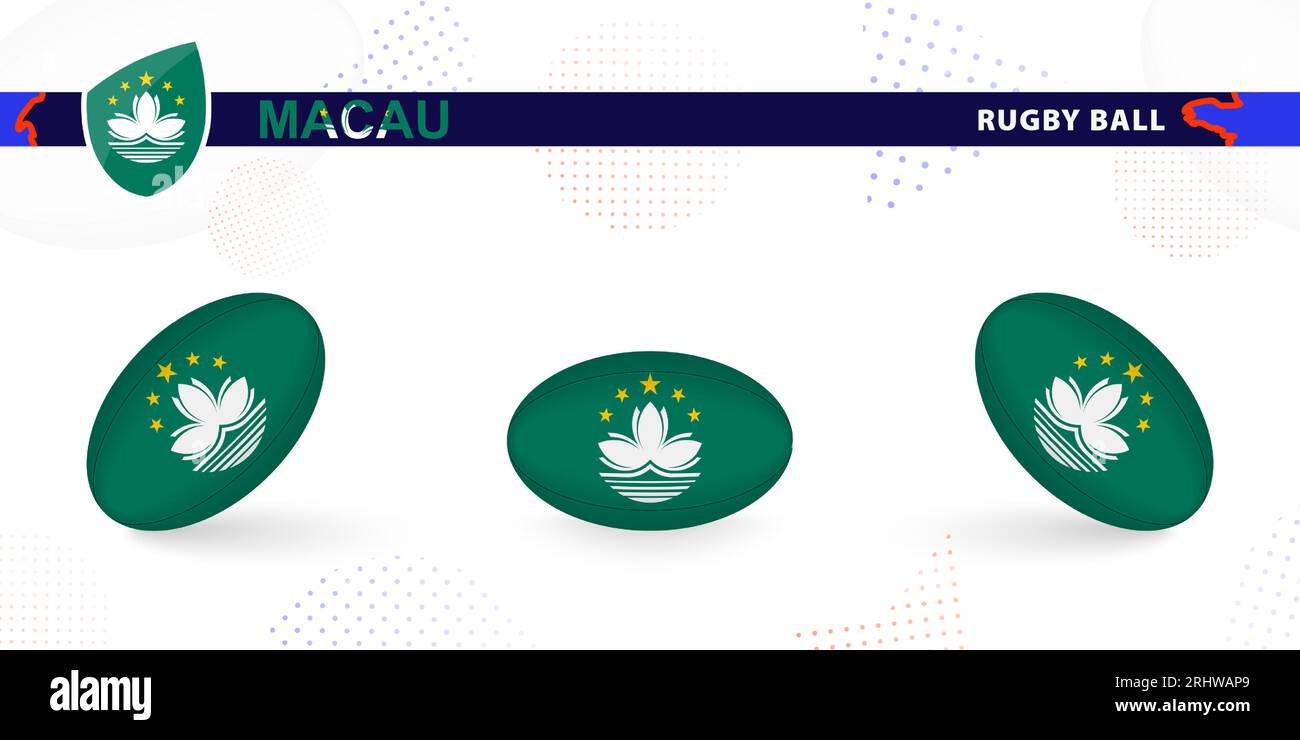 Rugby ball set with the flag of Macau in various angles on abstract ...