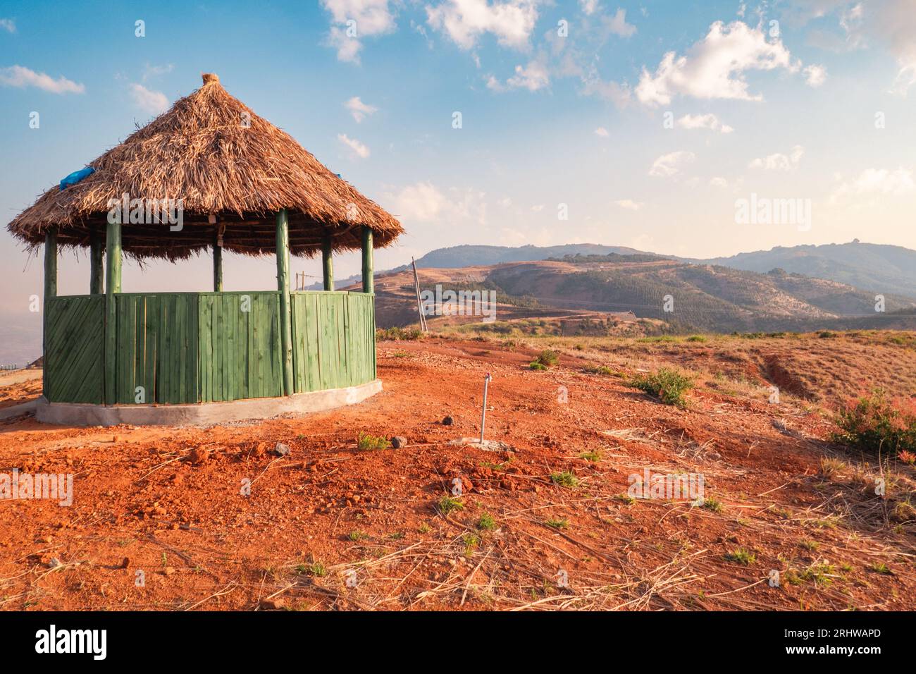 A grass thatched rest cabin at a scenic view point at Mbeya Rift Valley ...