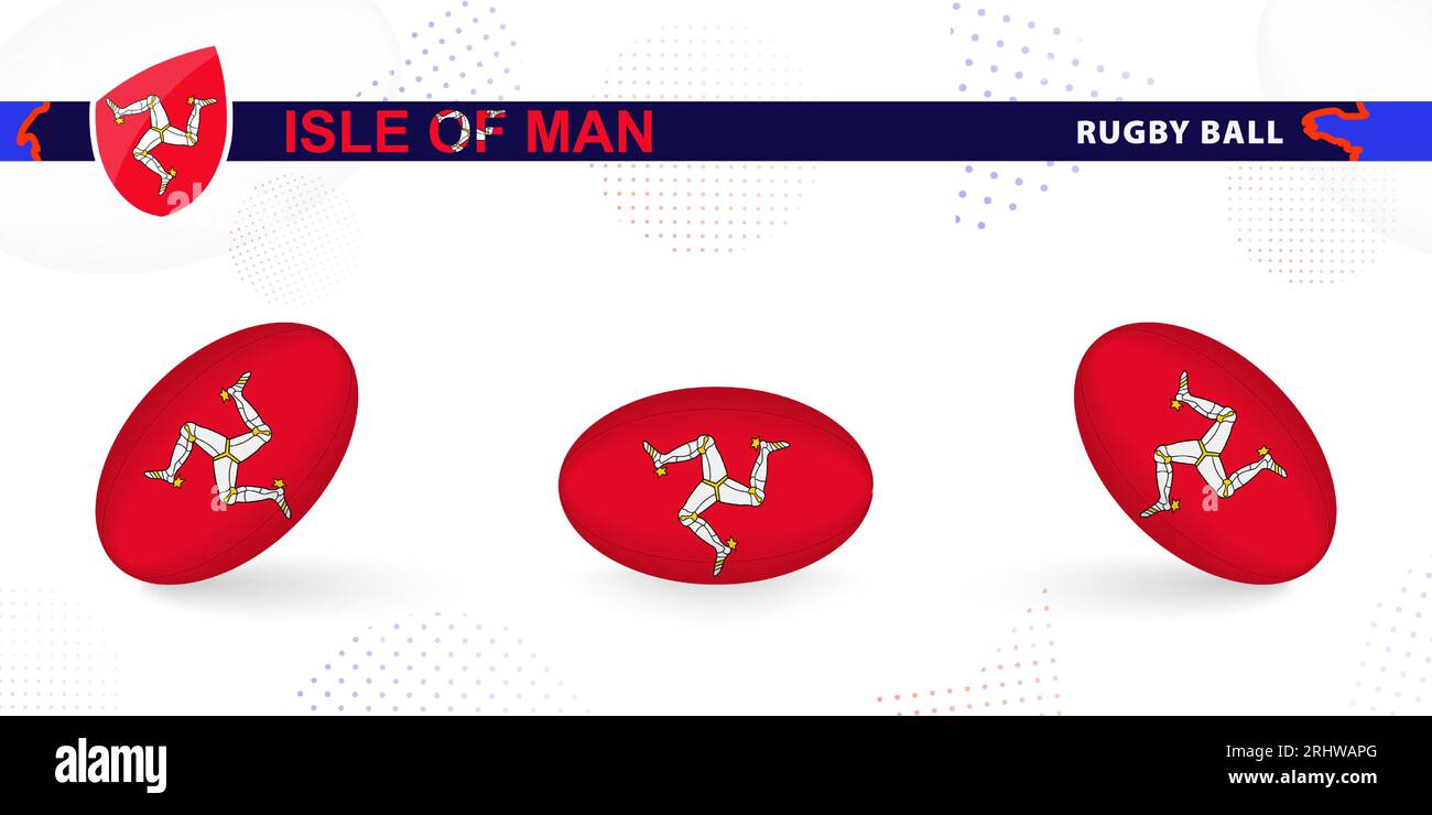 Rugby ball set with the flag of Isle of Man in various angles on abstract background. Rugby ...