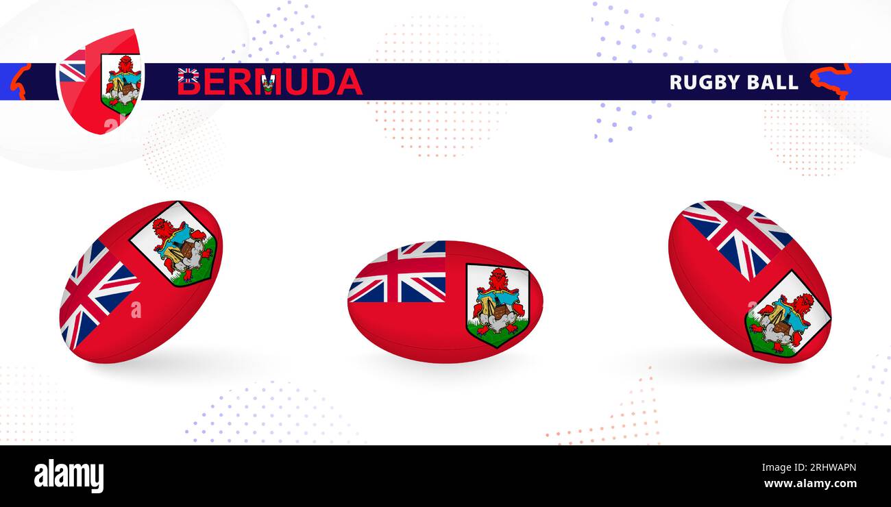 Rugby ball set with the flag of Bermuda in various angles on abstract ...