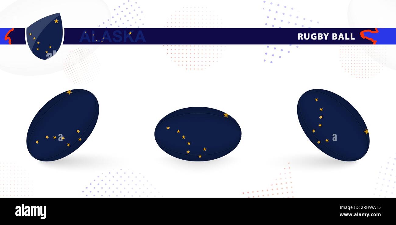 Rugby ball set with the flag of Alaska in various angles on abstract ...