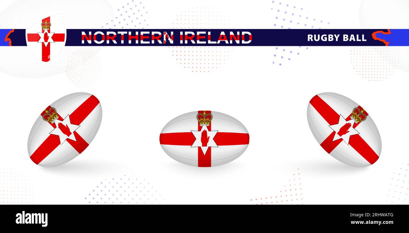 Rugby ball set with the flag of Northern Ireland in various angles on ...