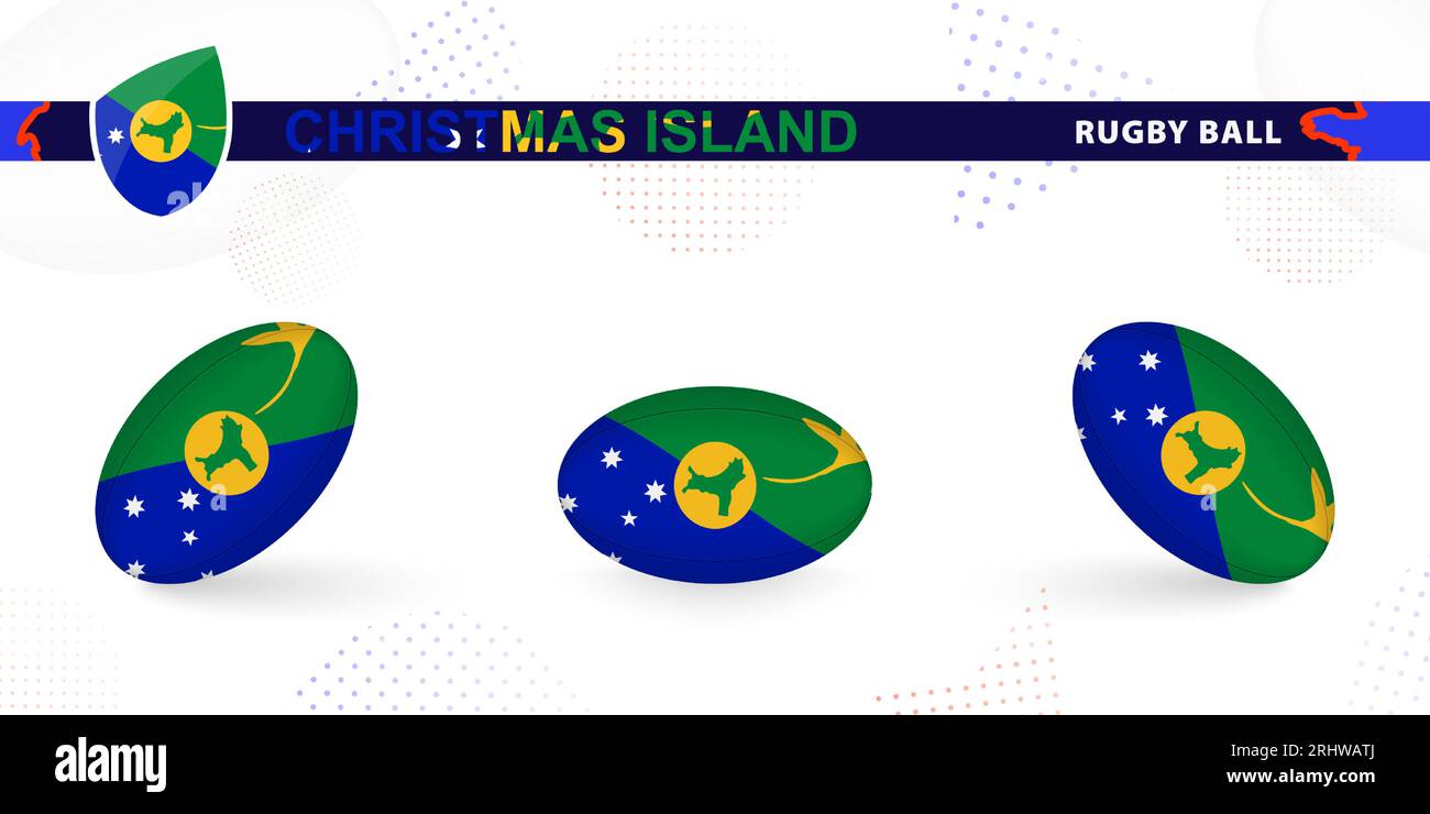 Rugby ball set with the flag of Christmas Island in various angles on ...