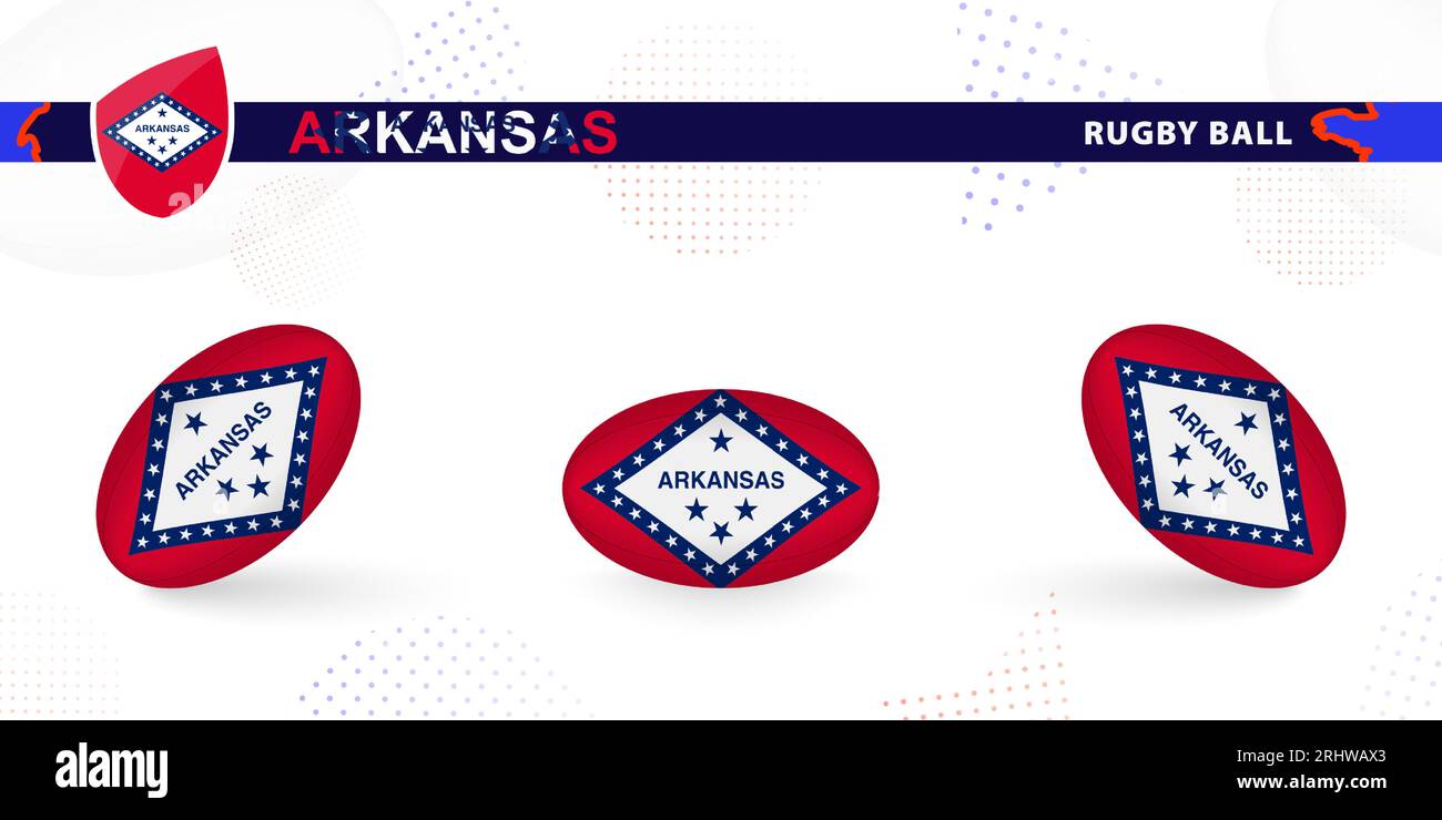 Rugby ball set with the flag of Arkansas in various angles on abstract ...