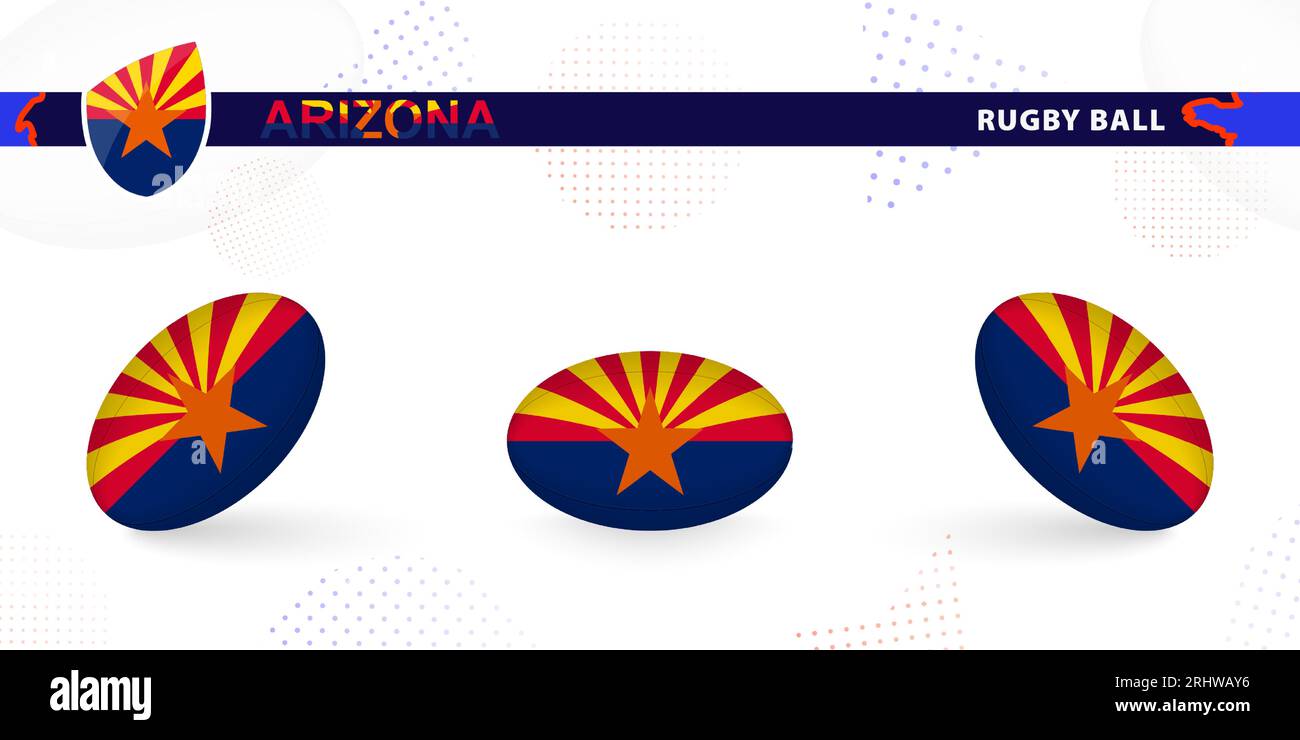 Rugby ball set with the flag of Arizona in various angles on abstract ...