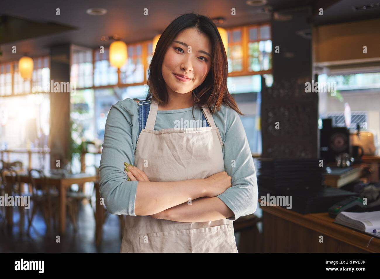 Portrait, asian woman and small business entrepreneur of restaurant ...