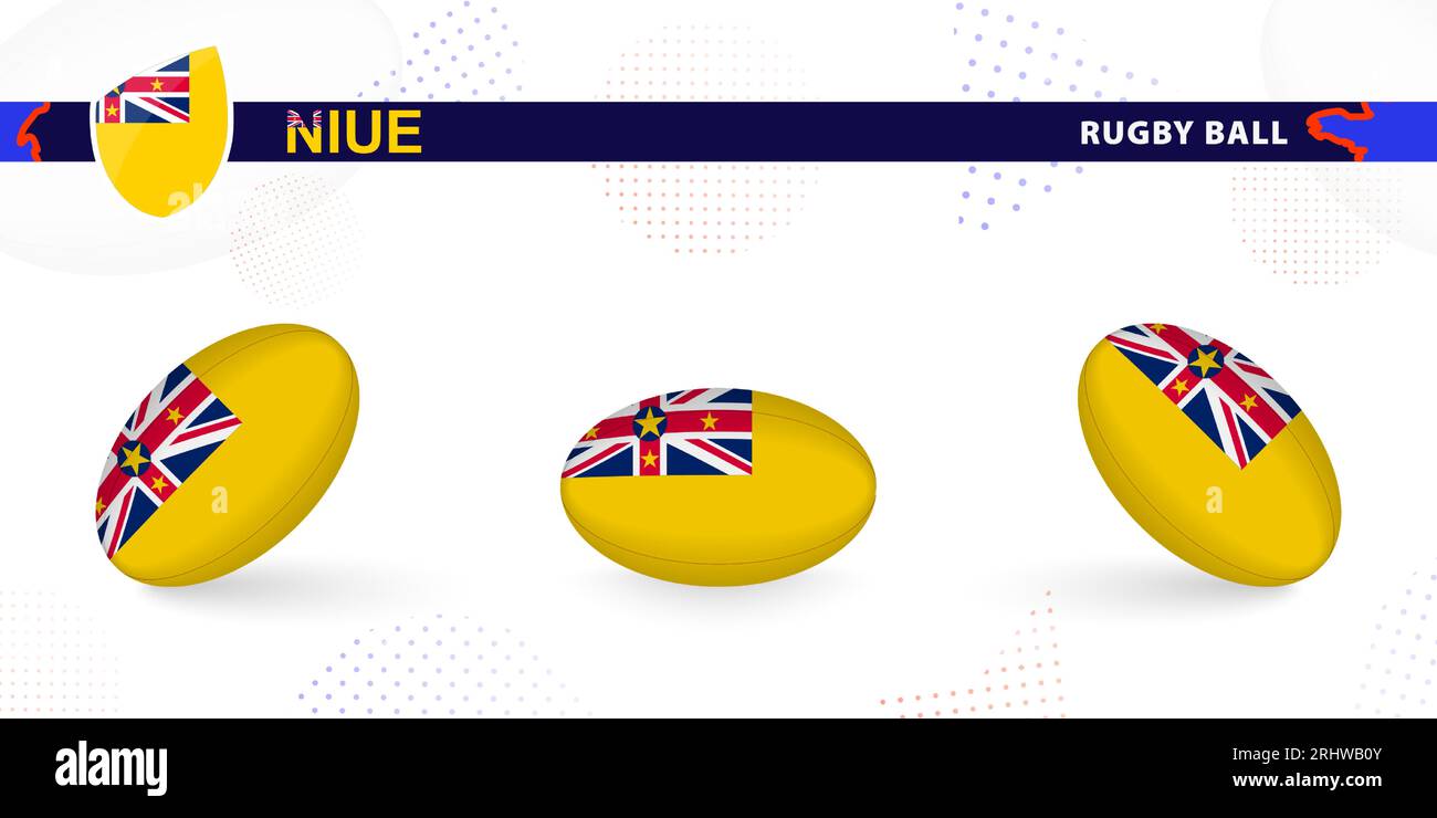 Rugby ball set with the flag of Niue in various angles on abstract ...