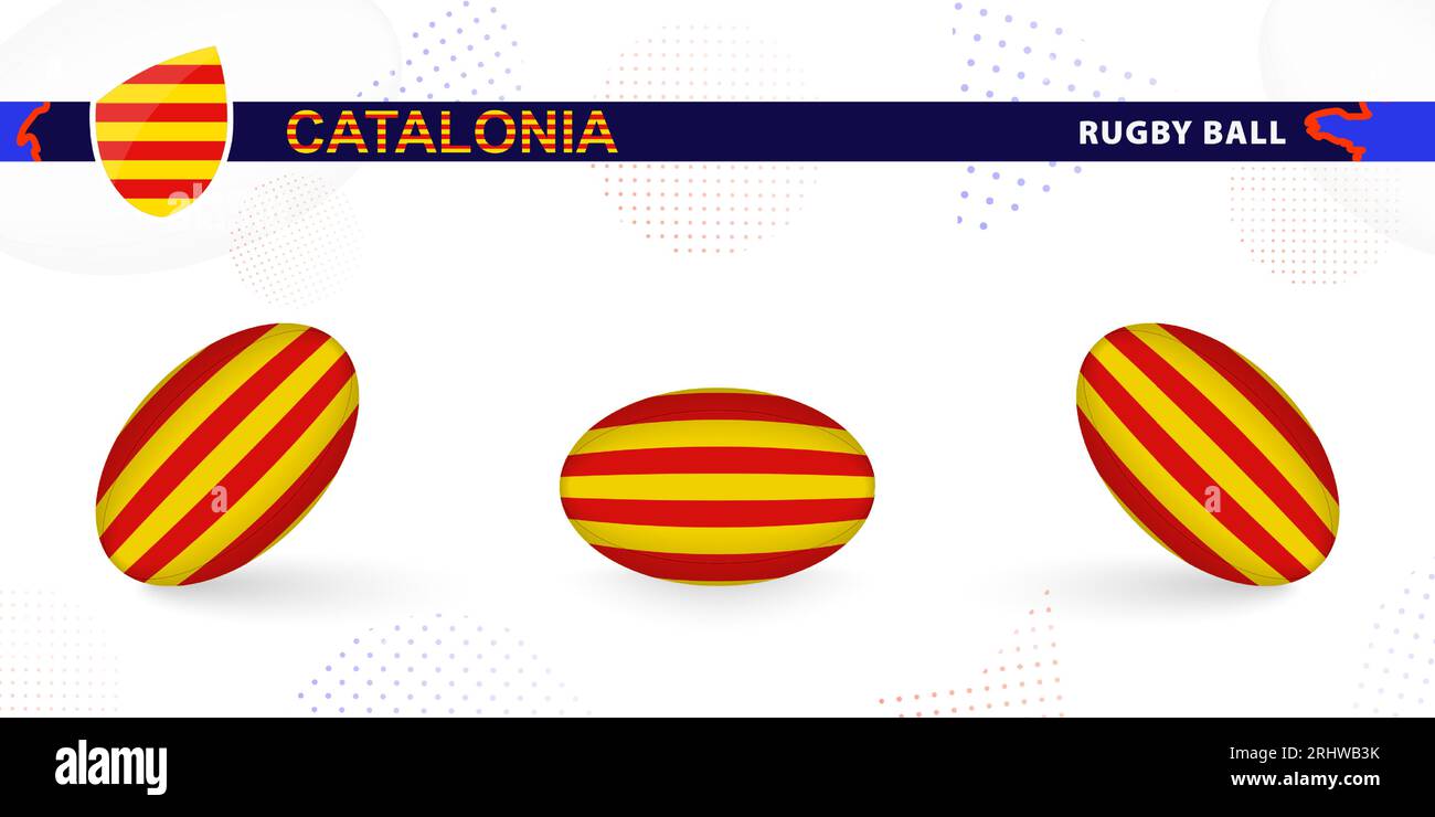 Rugby ball set with the flag of Catalonia in various angles on abstract ...