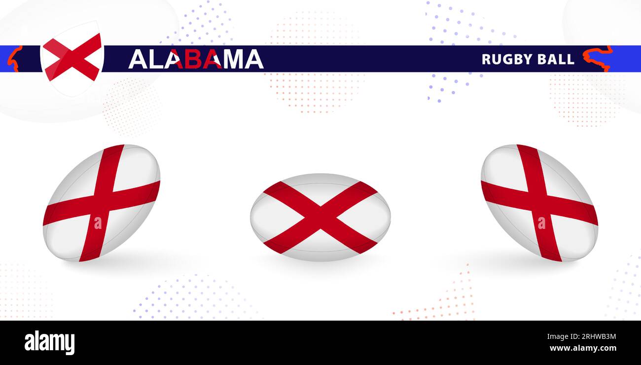 Rugby ball set with the flag of Alabama in various angles on abstract ...