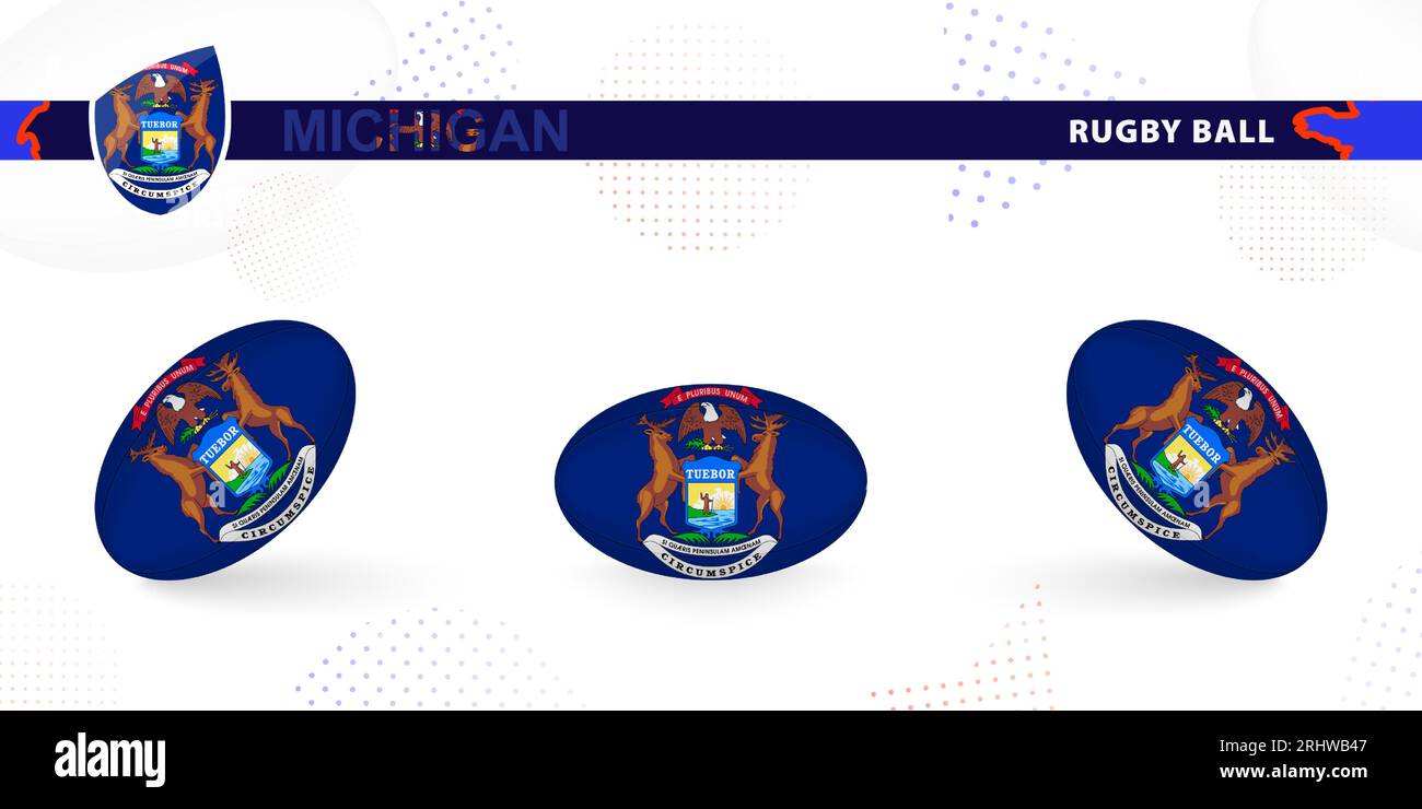 Rugby ball set with the flag of Michigan in various angles on abstract ...