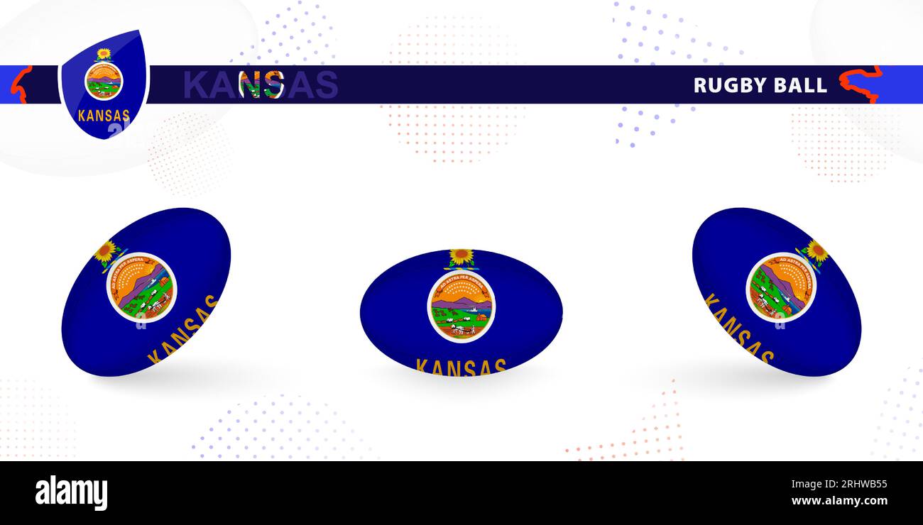 Rugby ball set with the flag of Kansas in various angles on abstract ...