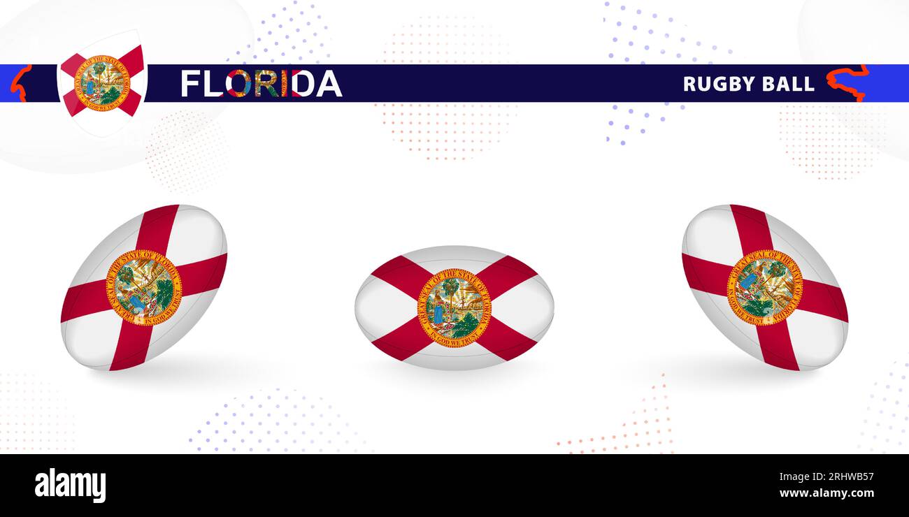 Rugby ball set with the flag of Florida in various angles on abstract ...