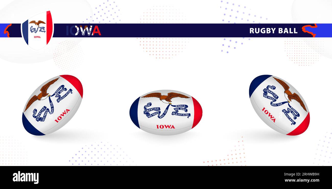 Rugby ball set with the flag of Iowa in various angles on abstract ...