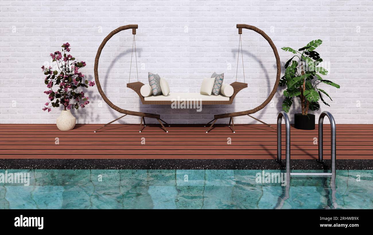 circle natural wooden swing on wooden floor swimming pool deck Stock ...