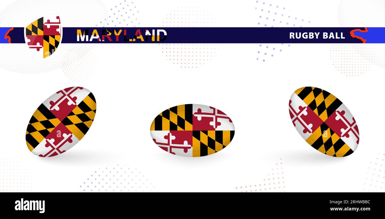 Rugby ball set with the flag of Maryland in various angles on abstract ...