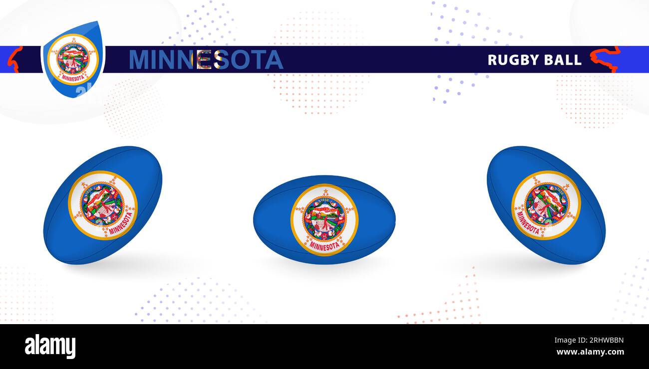 Rugby ball set with the flag of Minnesota in various angles on abstract ...