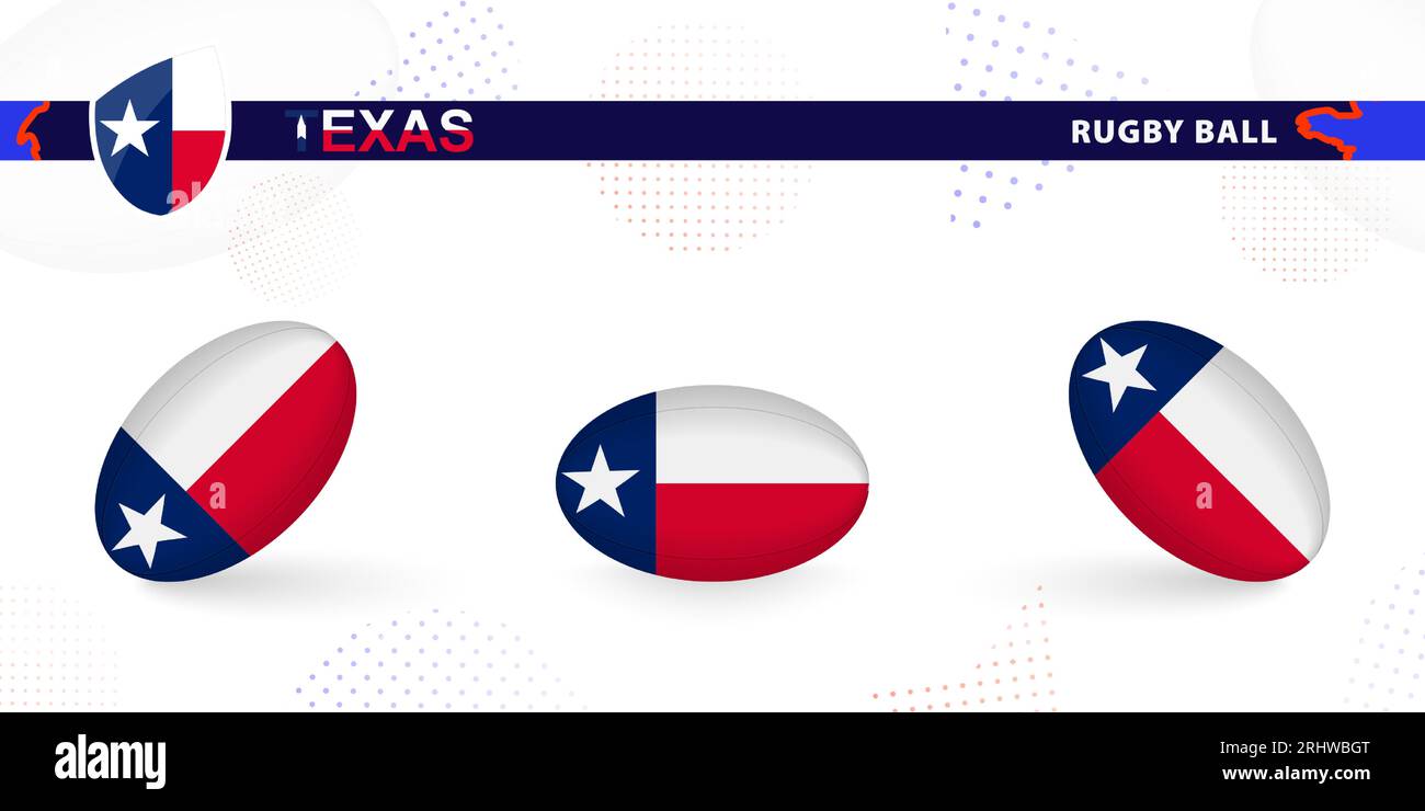 Rugby ball set with the flag of Texas in various angles on abstract ...