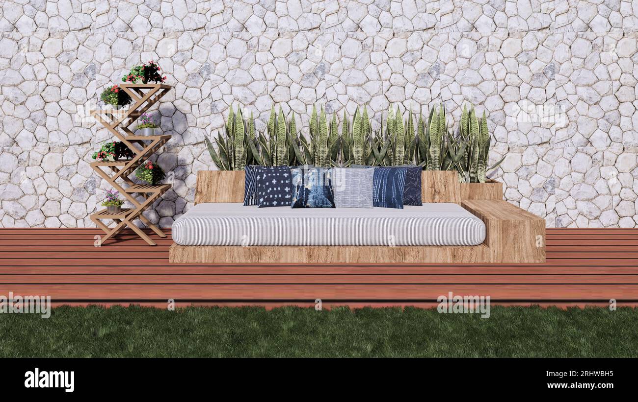 long bench sofa on wooden floor swimming pool deck with small plant and ...