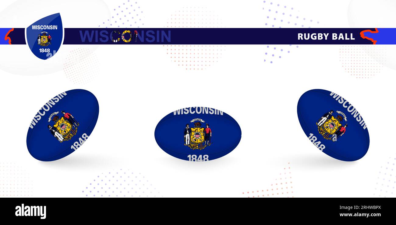 Rugby ball set with the flag of Wisconsin in various angles on abstract ...