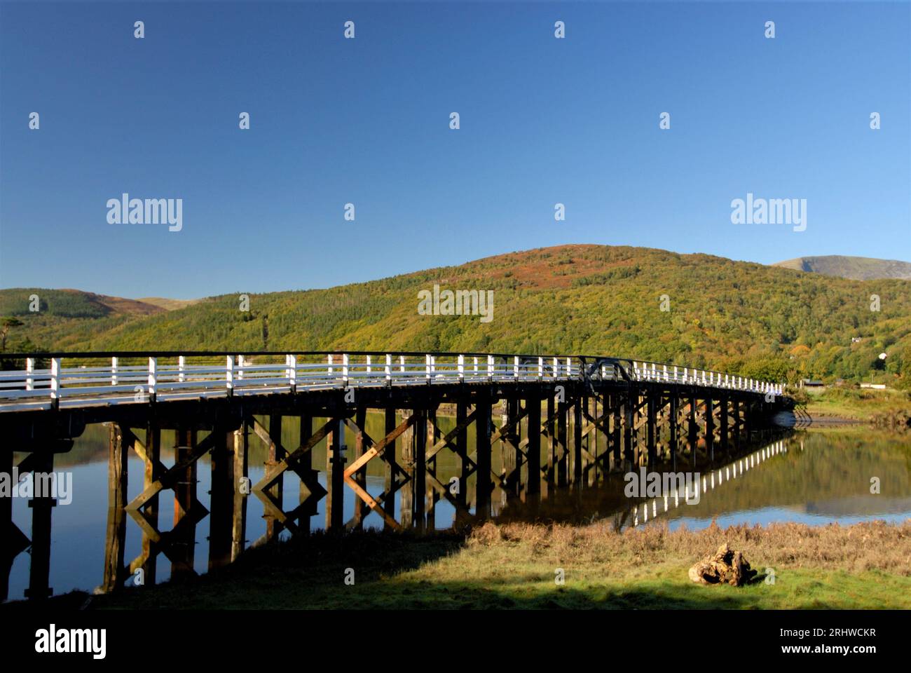 Wooden Toll Bridge over the Afon (river) Mawddach in Snowdonia Stock ...