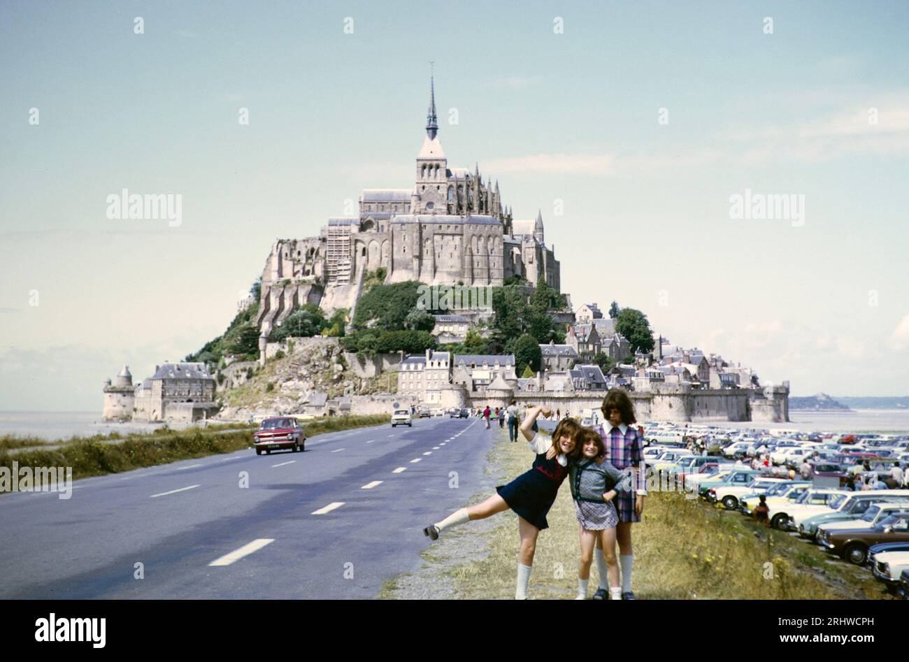 Causeway road Pont Passerelle to Mont St Michel, Normandy, France 1975 ...
