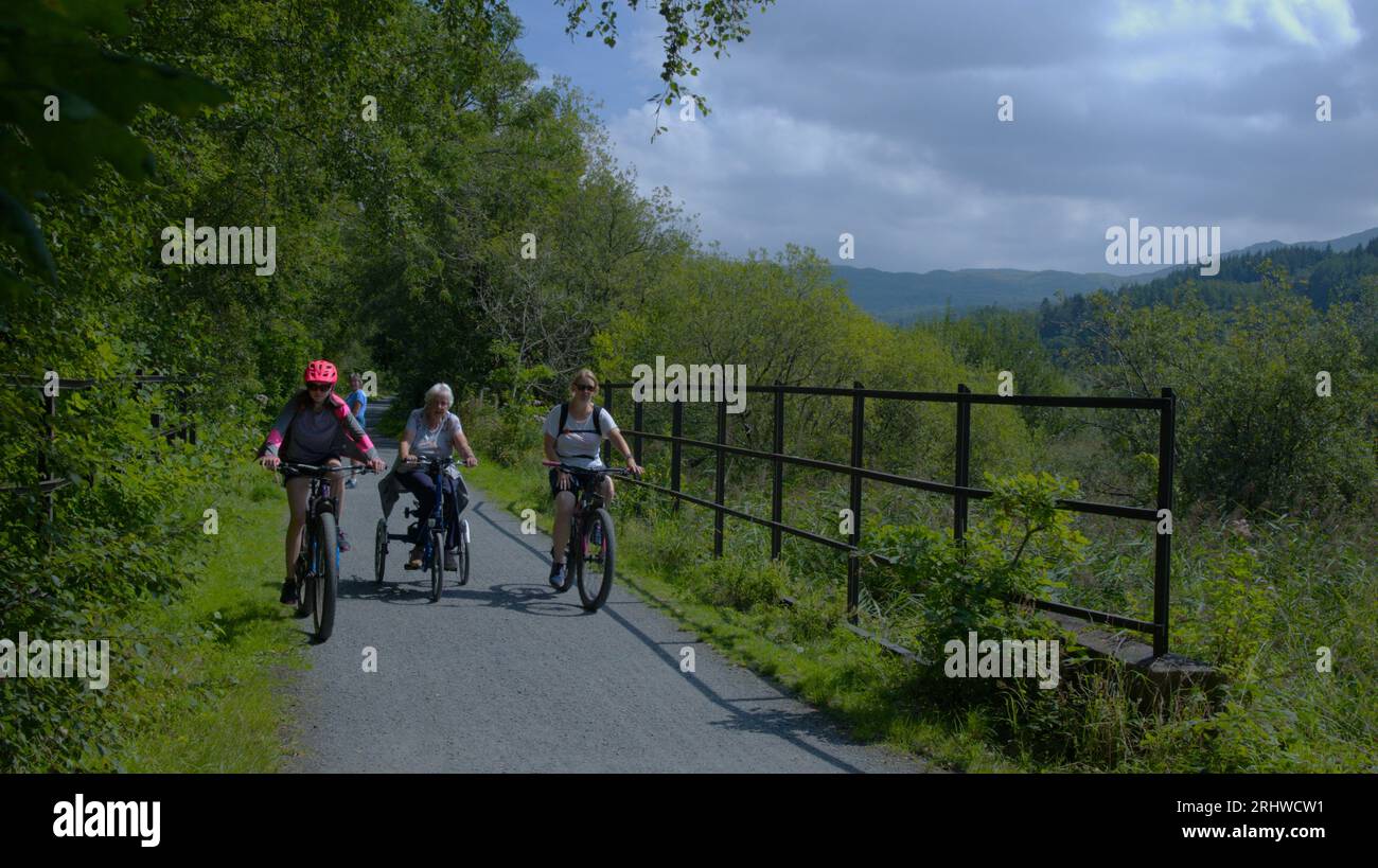 Cyclists crossing old bridge on the Mawddach Trail, Snowdonia Stock ...