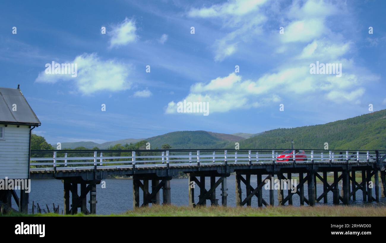 Wooden Toll Bridge over the Afon (river) Mawddach in Snowdonia Stock ...