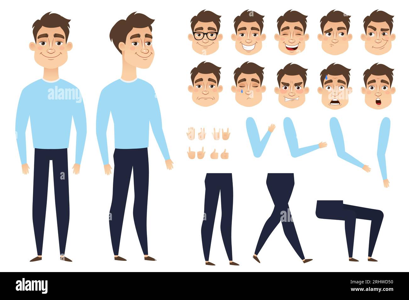 Young man character for animation. Set of face emotions, poses and gestures Stock Vector Image ...