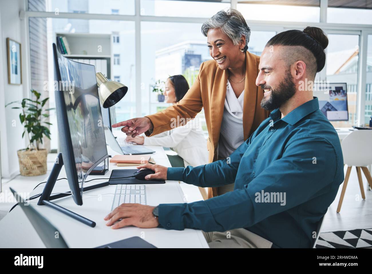 Business people, woman manager and computer for planning, teamwork and ...