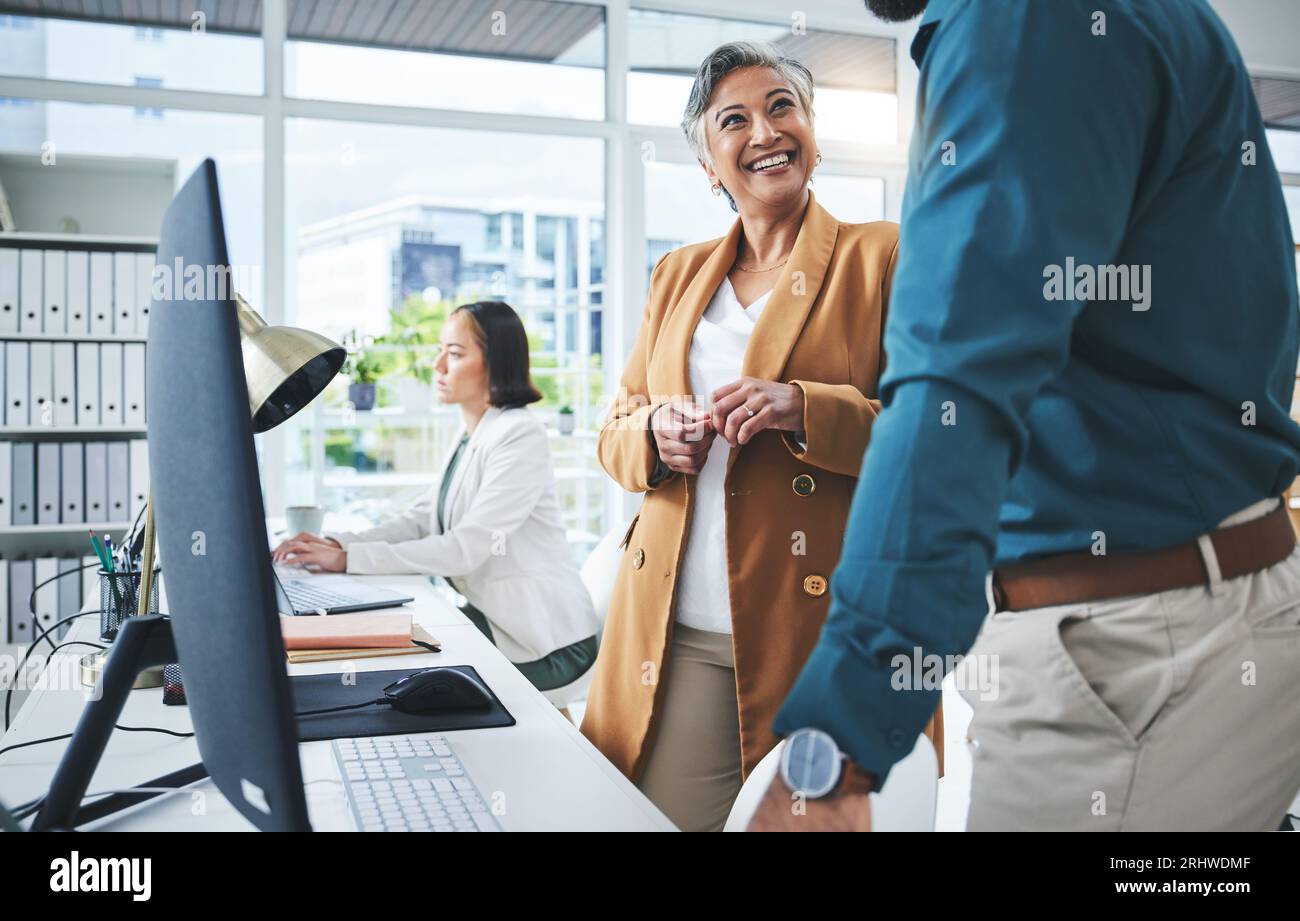 Coaching, smile and teamwork with business people in office for ...