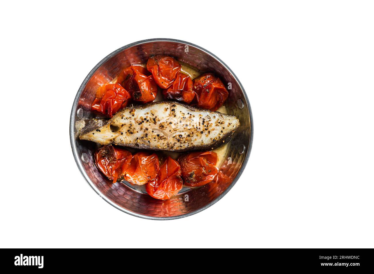 Fried halibut fish steaks with tomato in skillet. High quality Isolate ...