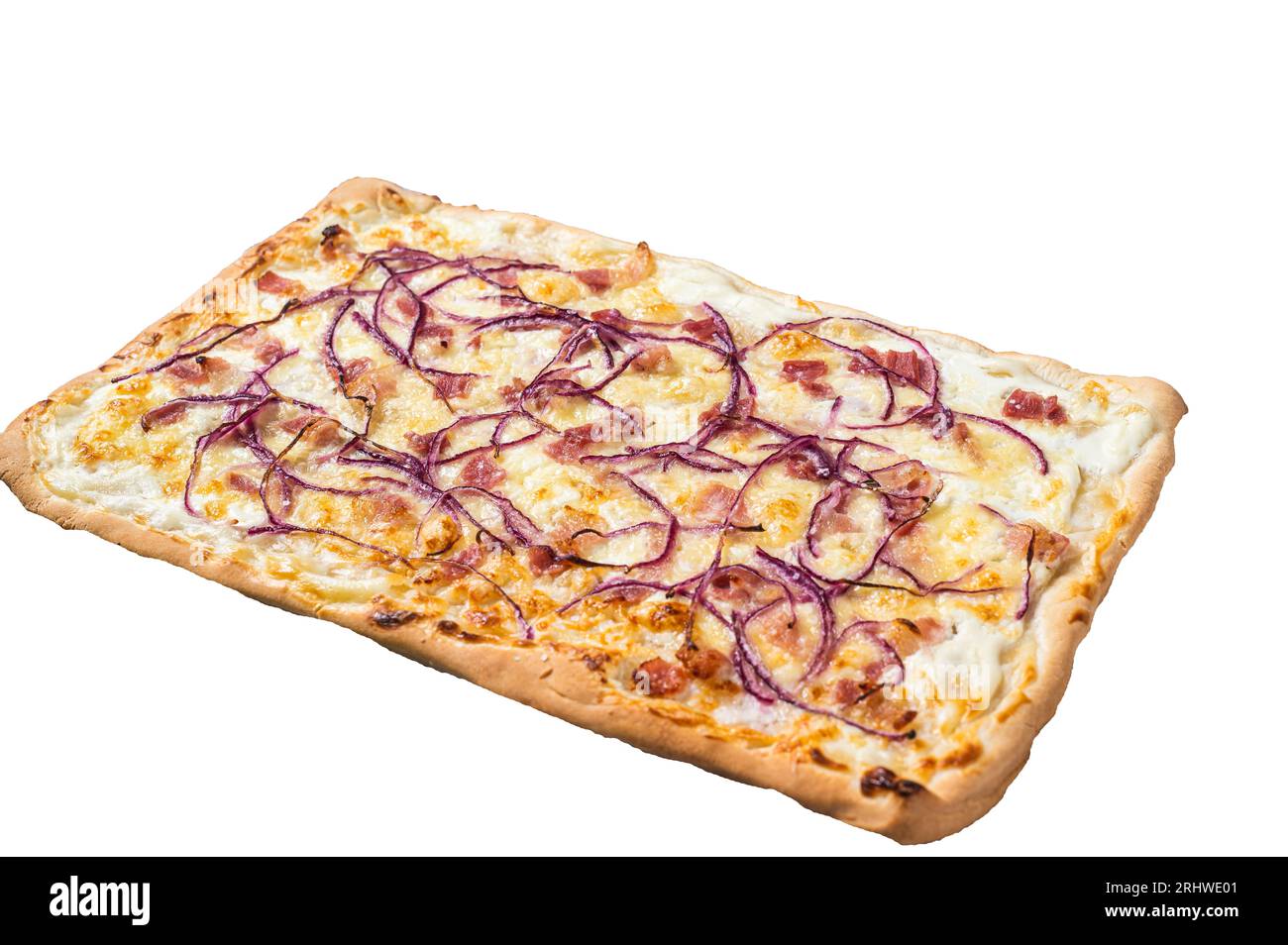 Traditional German Flammkuchen pie with ham and onion. High quality ...