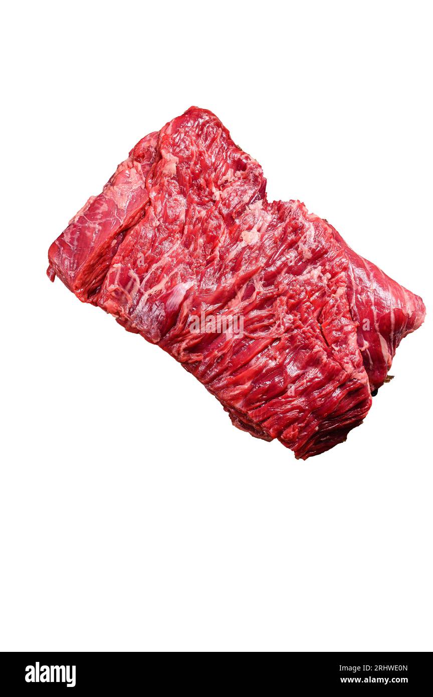 Big piece of raw beef brisket cut meat with herbs and butcher cleaver ...