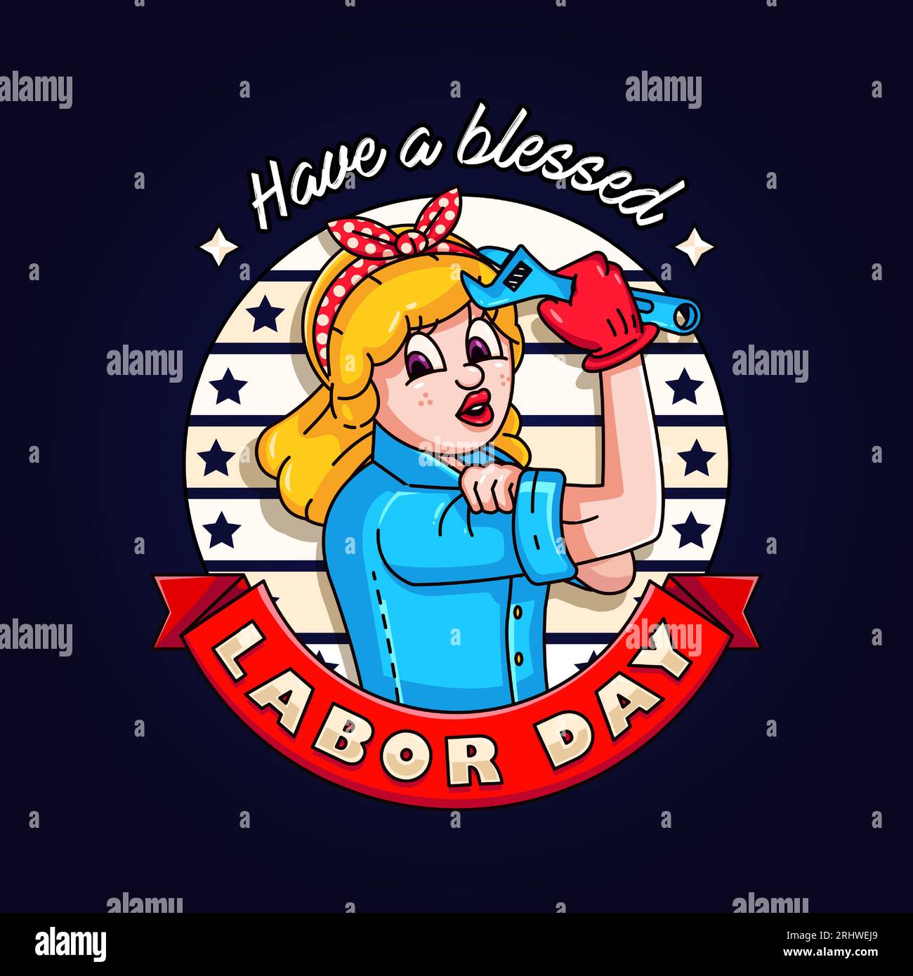 Labor Day. Retro cartoon lady showing off her muscles while holding a ...