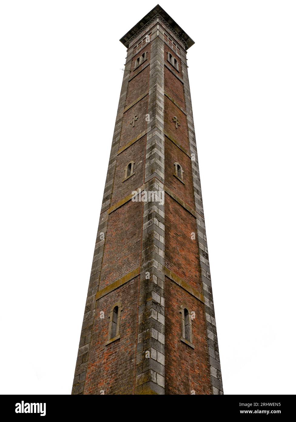 High brick tower construction over white background Stock Photo - Alamy