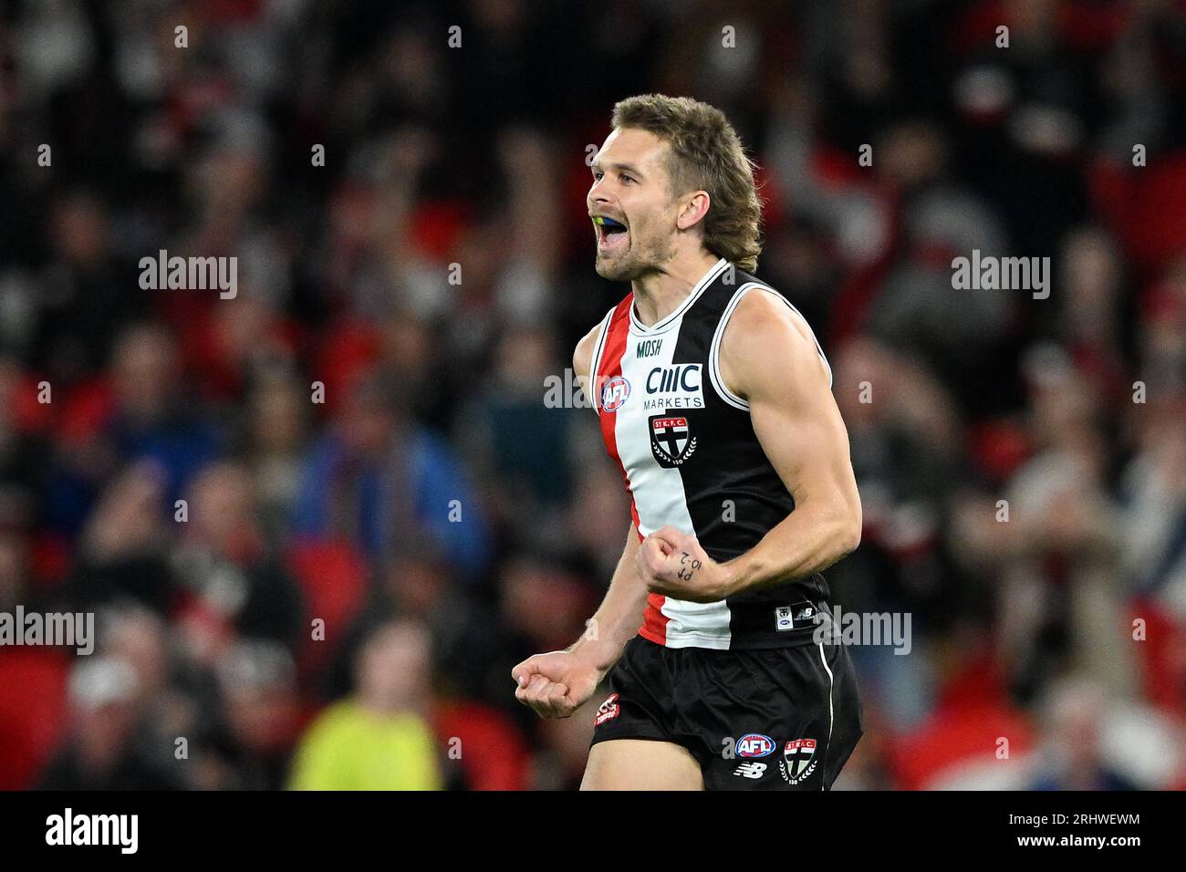 Melbourne, Australia. 19th Aug, 2023. Dan Butler of St Kilda reacts ...