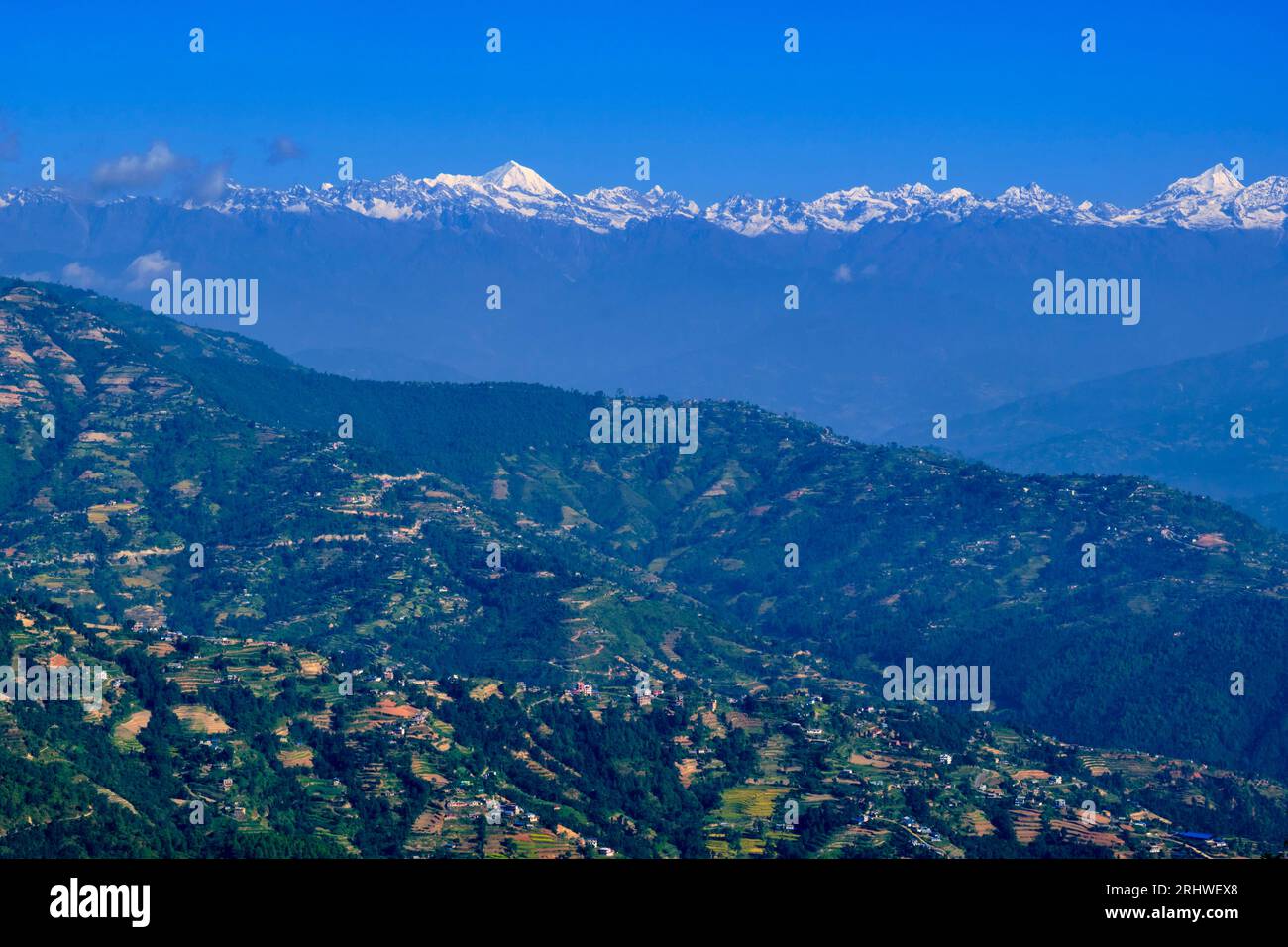 Nepal, Kathmandu Valley, sunrise over the Himalayas seen from Dhulikhel ...