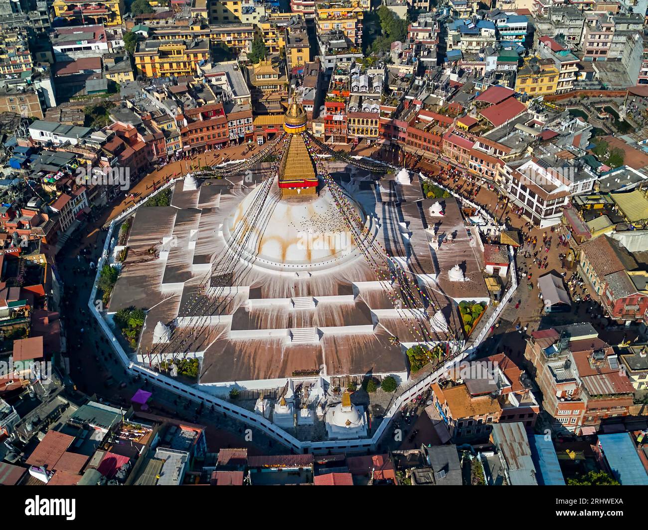 Nepal, Kathmandu valley, aerial view of the Buddhist stupa of Bodnath ...