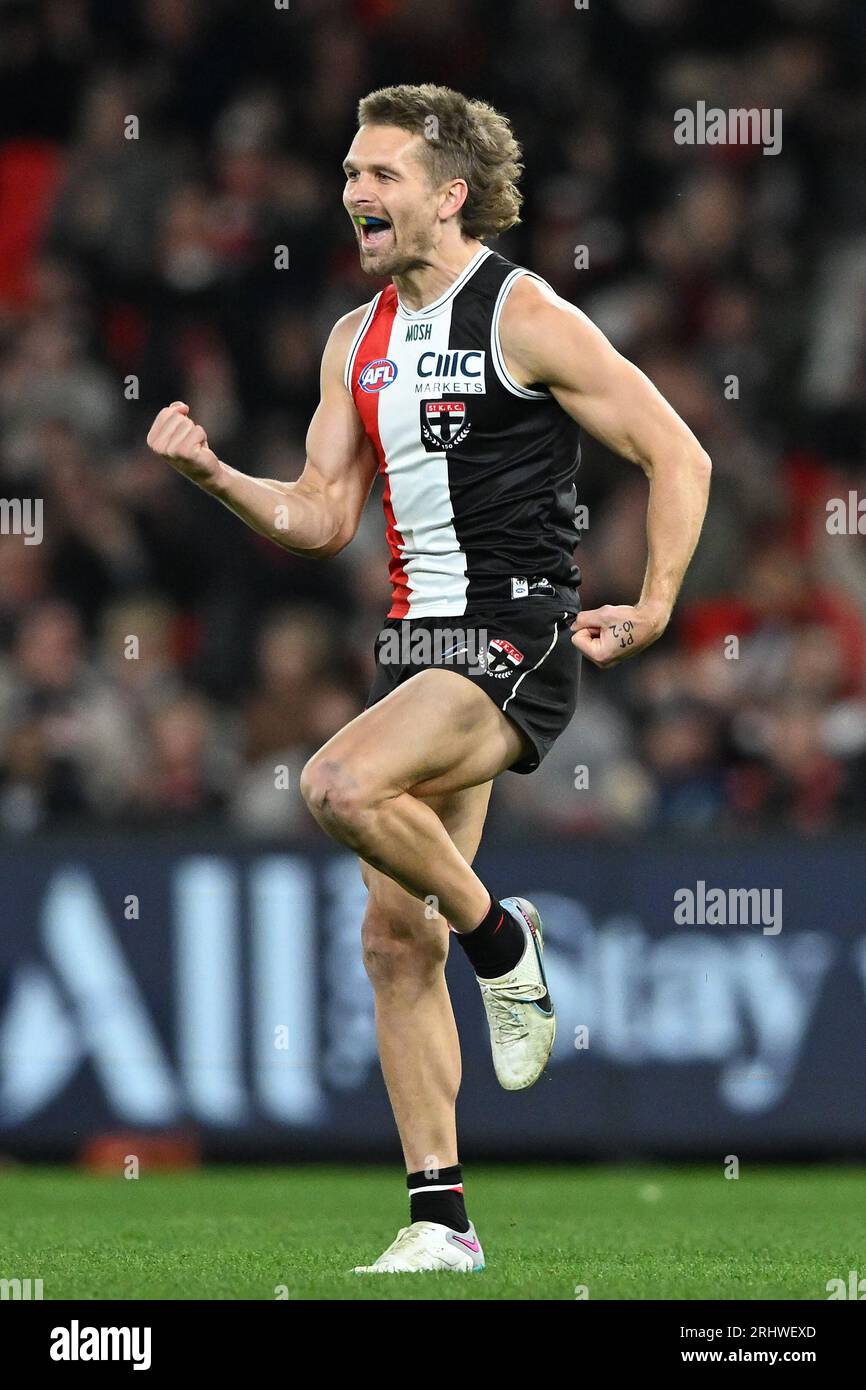 Melbourne, Australia. 19th Aug, 2023. Dan Butler of St Kilda reacts ...