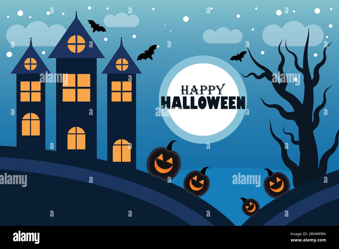 Happy Halloween background with haunted house, pumpkins and bats. bats ...