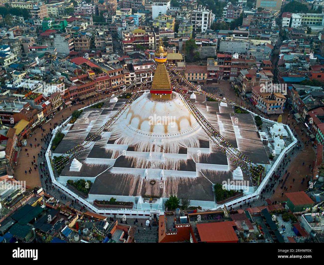 Nepal, Kathmandu valley, aerial view of the Buddhist stupa of Bodnath ...