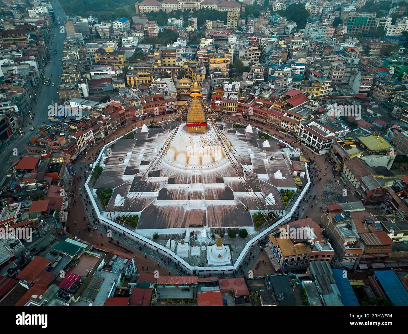 Nepal, Kathmandu valley, aerial view of the Buddhist stupa of Bodnath ...