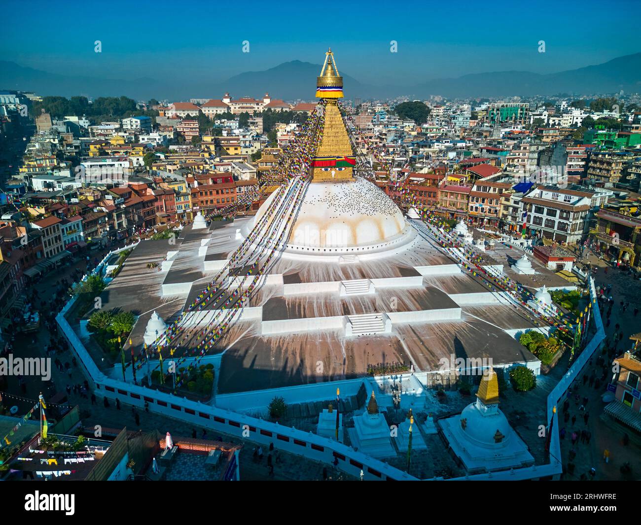 Nepal, Kathmandu valley, aerial view of the Buddhist stupa of Bodnath ...