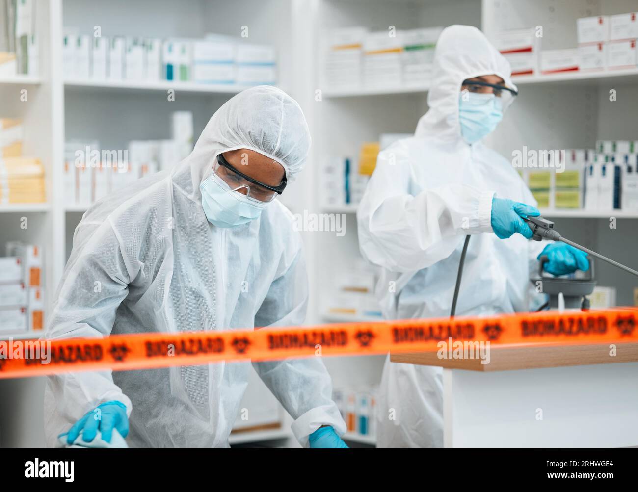 Biohazard, chemical and cleaning with people in a pharmacy for ...