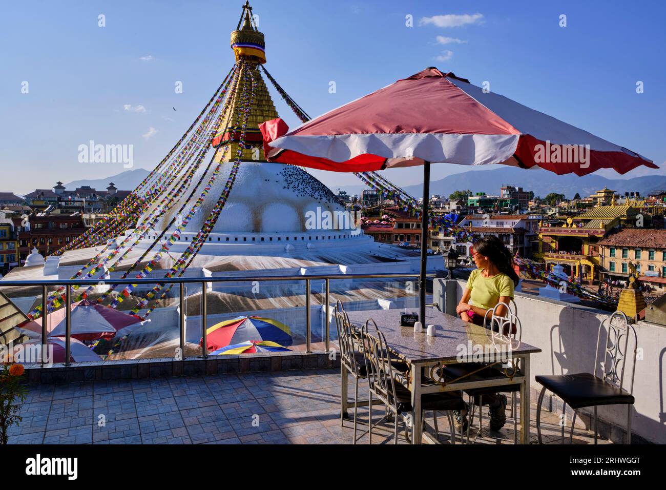Nepal, Kathmandu valley, Buddhist stupa of Bodnath, café terrace Stock ...