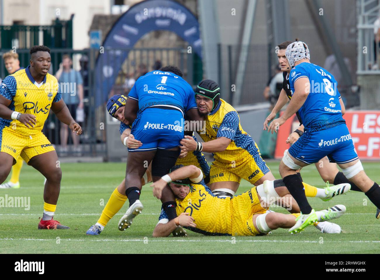 Vannes, France. 18th Aug, 2023. Andy Bordelai of Vannes is tackled ...