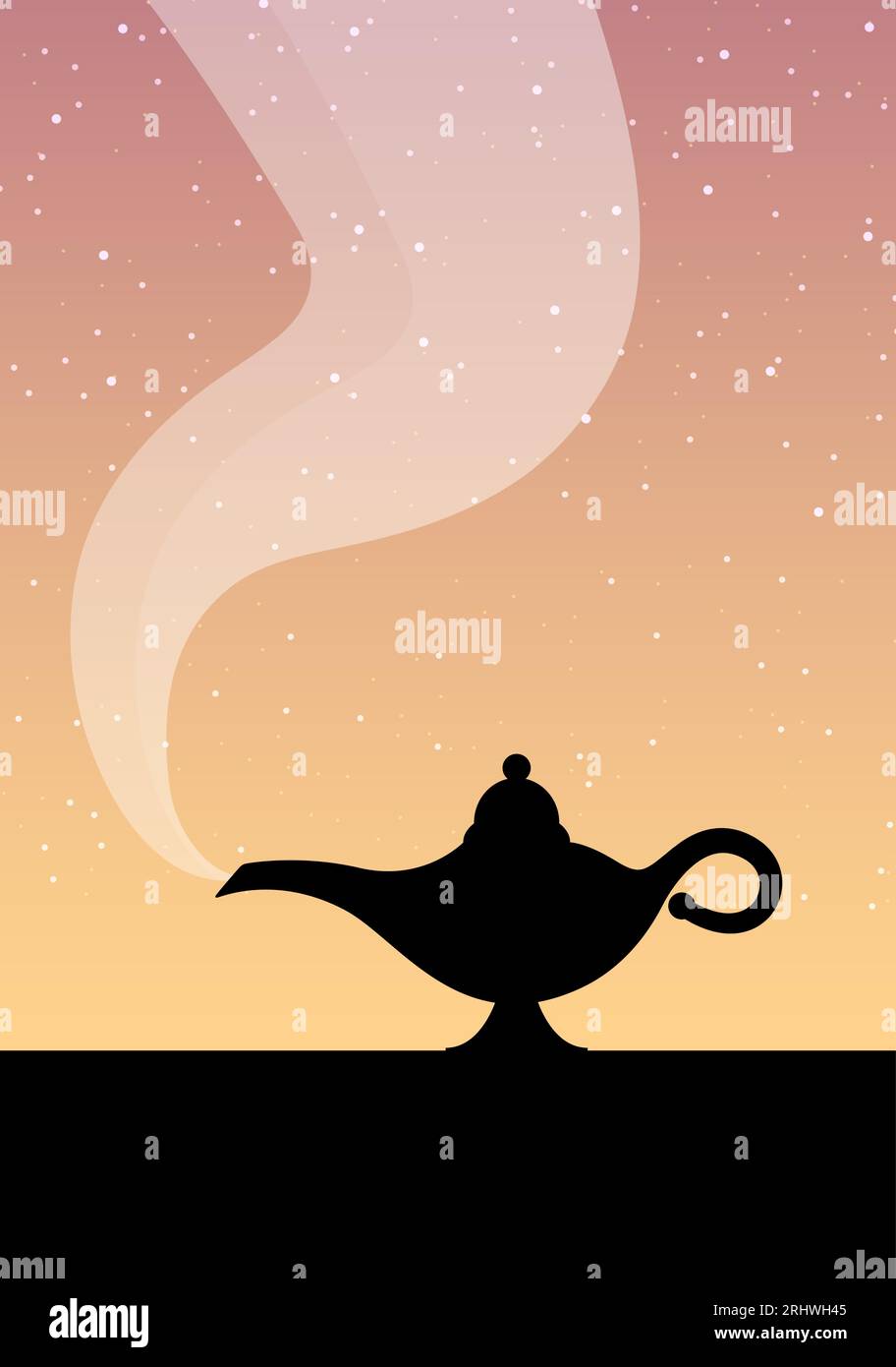 Lamp aladdin magic vector icon smoke. Aladin genie lamp sunset or sunrise bottle wish cartoon ...